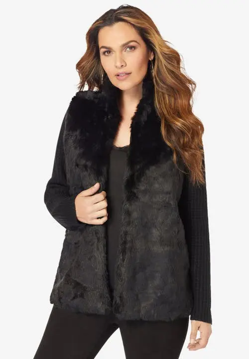 Roaman's Faux Fur Trim Cardigan Sweater - Black