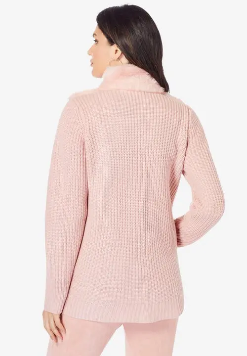 Roaman's Faux Fur Trim Cardigan Sweater - Black