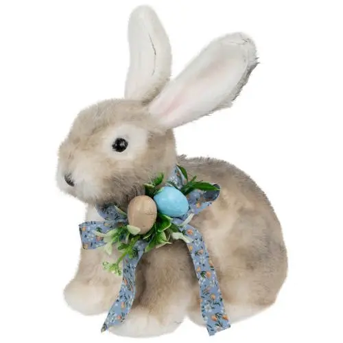 NORTHLIGHT Plush Rabbit With Floral Bow Easter Figurine8 - Brown