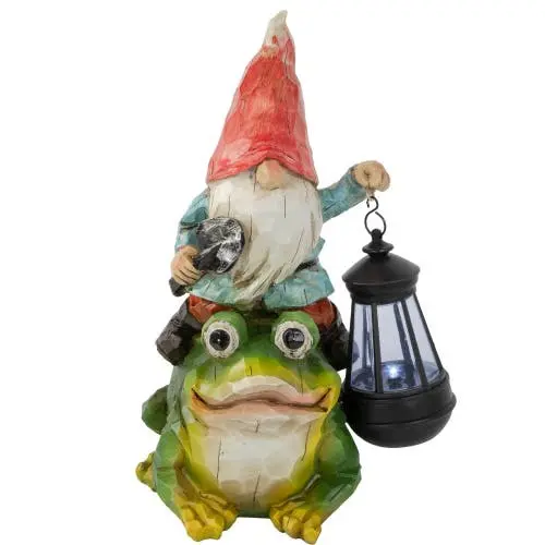 NORTHLIGHT Led Solar Lighted Gnome And Frog Outdoor Garden Statue12.5 - Green