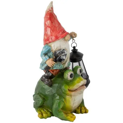 NORTHLIGHT Led Solar Lighted Gnome And Frog Outdoor Garden Statue12.5