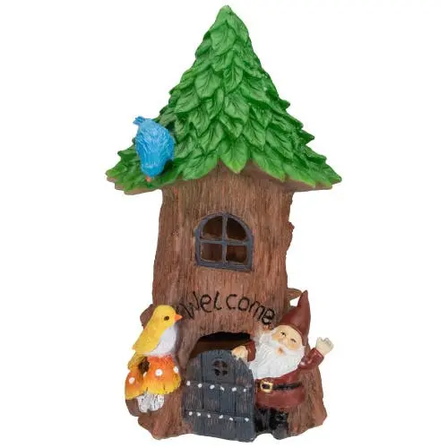 NORTHLIGHT 14" Solar Lighted Welcome Gnome Tree House Outdoor Garden Statue - Brown