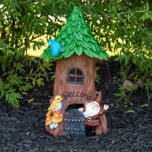 NORTHLIGHT 14" Solar Lighted Welcome Gnome Tree House Outdoor Garden Statue