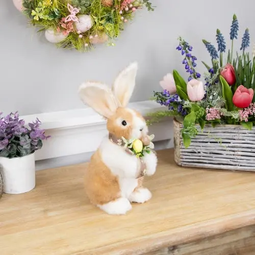 NORTHLIGHT Plush Rabbit With Floral Bow Easter Figurine10.25