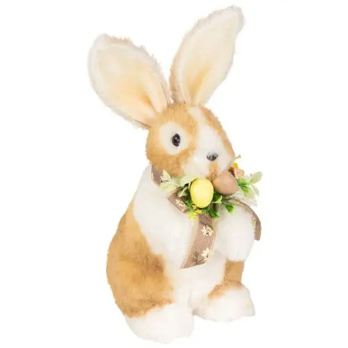 NORTHLIGHT Plush Rabbit With Floral Bow Easter Figurine10.25