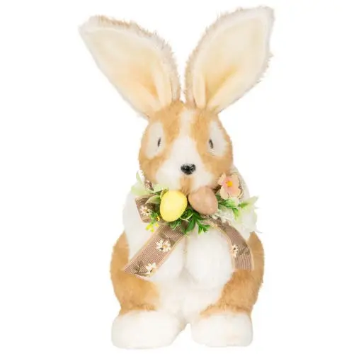 NORTHLIGHT Plush Rabbit With Floral Bow Easter Figurine10.25