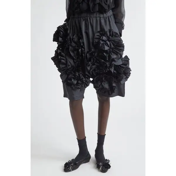 Comme Des Garçons Ruffle Rosette Taffeta Shorts - Black