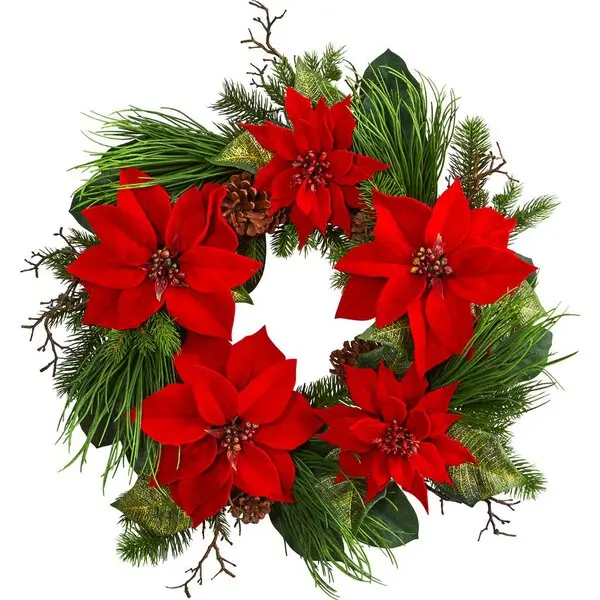 NEARLY NATURAL 28-in Poinsettia And Pine Wreath - Red