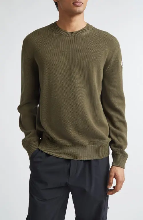 Moncler Logo Patch Cotton Crewneck Sweater - Amber Toned Olive