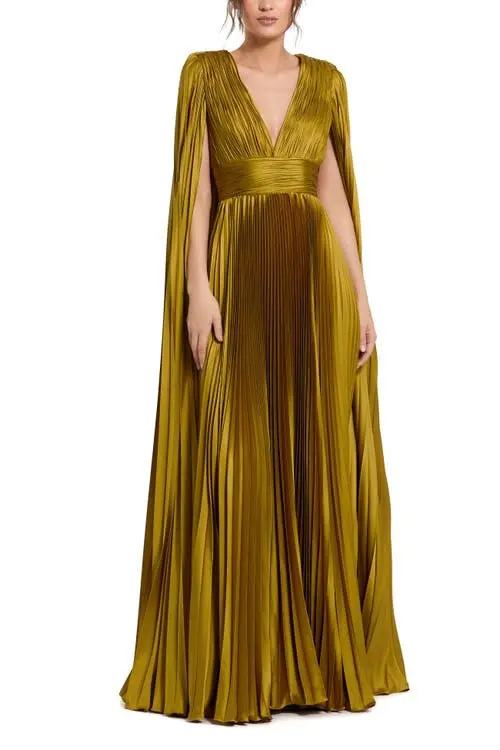 Mac Duggal Pleated Charmeuse V-neck Gown With Cape - Chartreuse