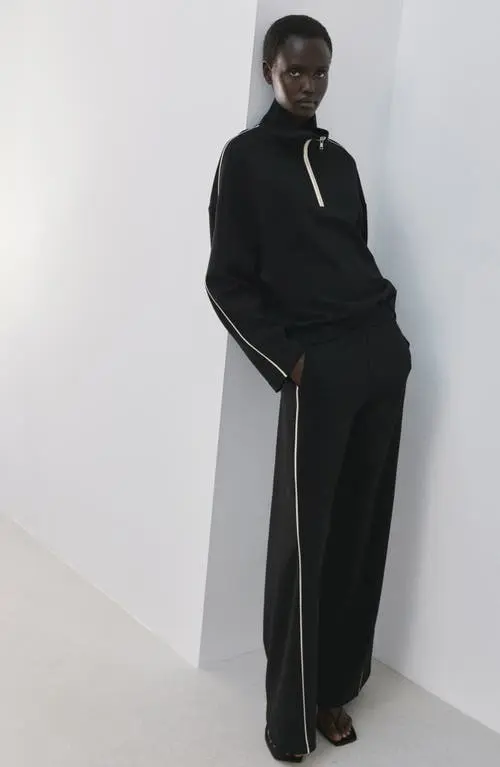 Mango Side Piped Knit Wide Leg Pants - Black