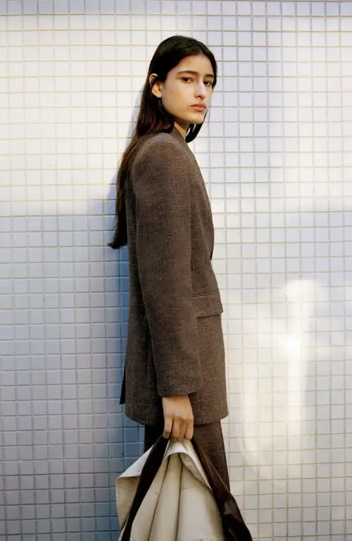 Mango Herringbone Double-breasted Blazer - Chocolate