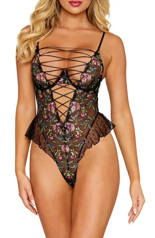 DREAMGIRL Ruffled Lace Underwire Teddy - Black