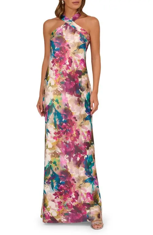 Adrianna Papell Floral Print Satin Gown - Pink Multi