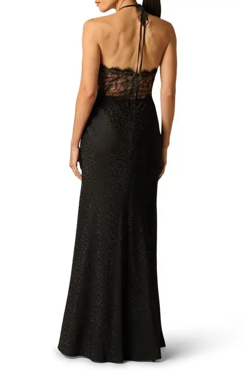 Adrianna Papell Leopard Jacquard & Lace Halter Gown - Black | Editorialist