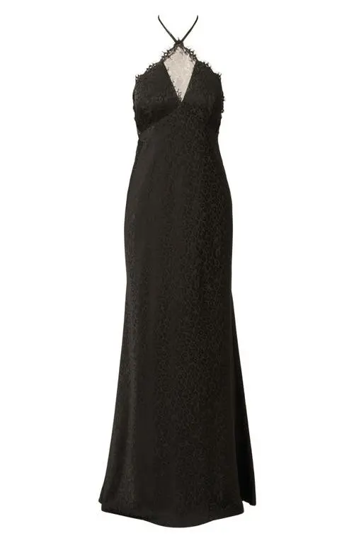 Adrianna Papell Leopard Jacquard & Lace Halter Gown