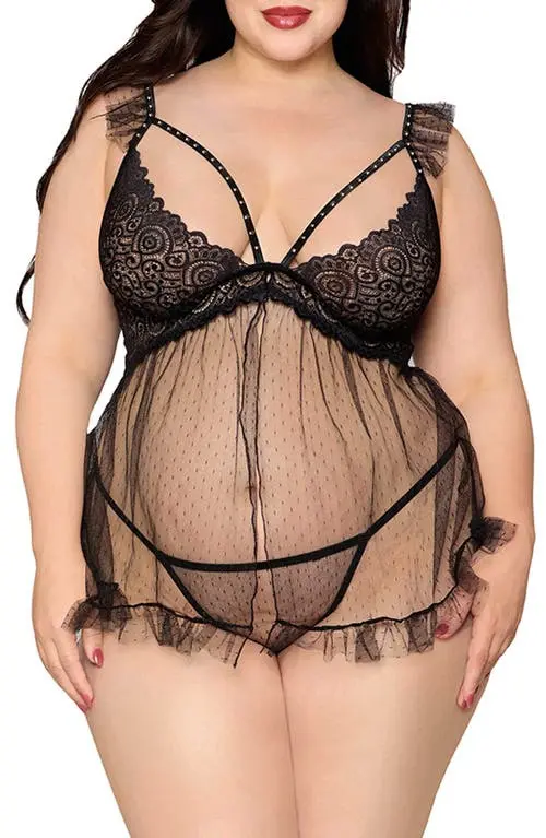 DREAMGIRL Ruffle Mesh Underwire Babydoll Chemise & G-string Set - Black