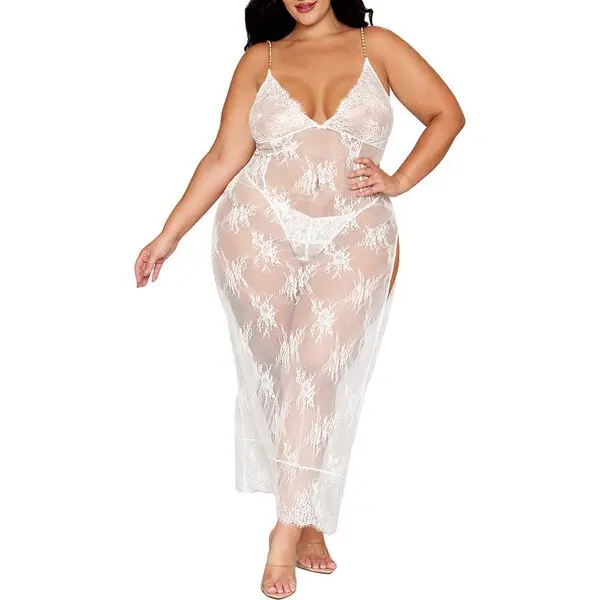 DREAMGIRL Lace Longline Chemise & G-string Set - White