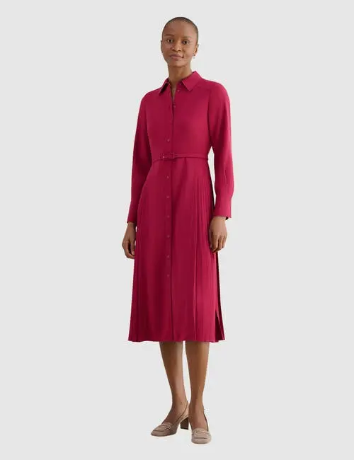HOBBS LONDON Ginny Belted Pleated Midi Shirt Dress - Beetroot Pink
