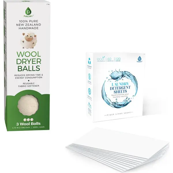PURSONIC Detergent Sheets & New Zealand Wool Dryer Balls Set - White