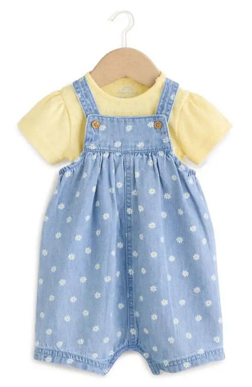 NEXT Daisy Print Denim Overalls & Cotton Pointelle Bodysuit Set - Yellow/blue