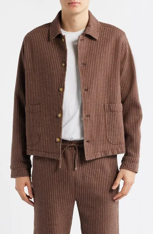 PERCIVAL Sorrento Pinstripe Cotton & Linen Button-up Overshirt - Brown
