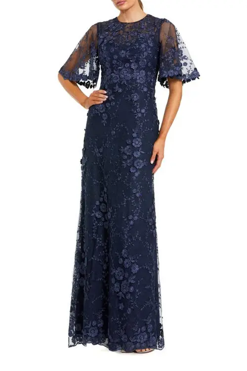 Mac Duggal Floral Embroidered Net Gown - Midnight