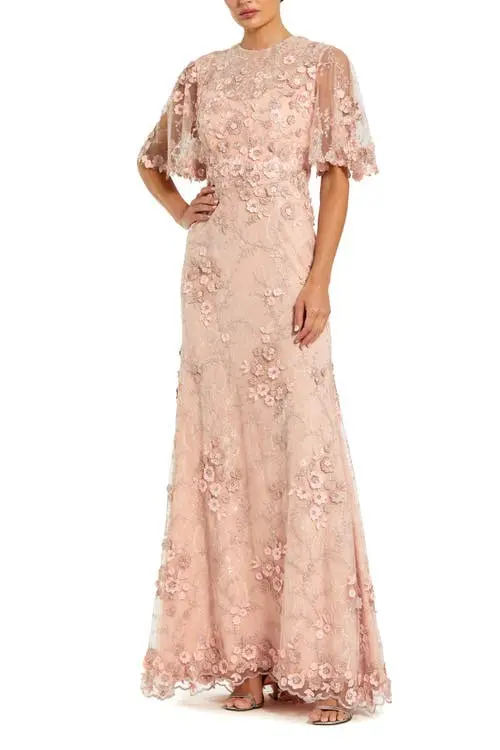 Mac Duggal Floral Embroidered Net Gown - Rose