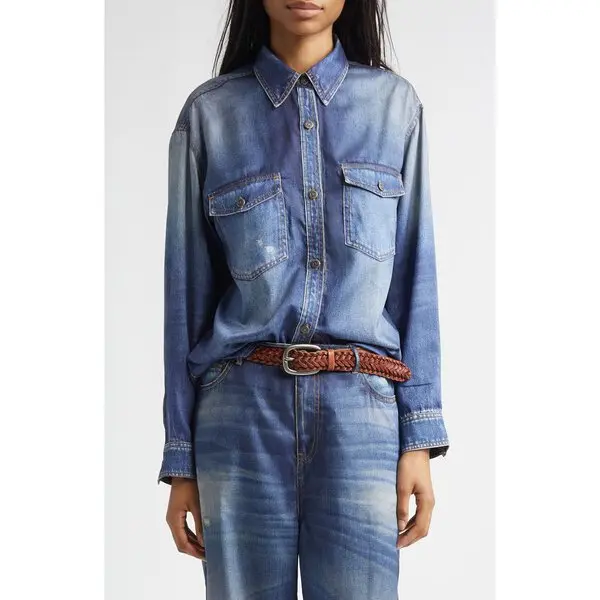 GOLDEN GOOSE Journey Patty Distressed Twill Button-up Shirt - Blue
