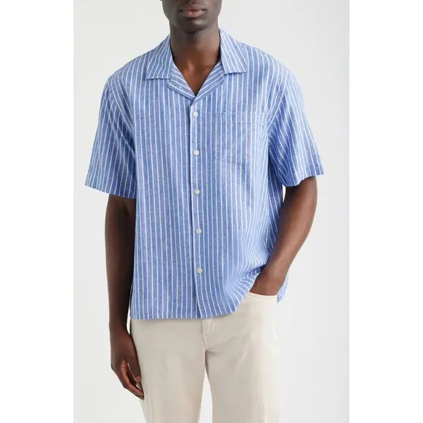 CORRIDOR Stripe Linen & Cotton Camp Shirt - Blue