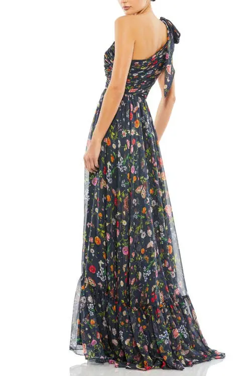 Mac Duggal One-shoulder Floral Gown - Navy Multi