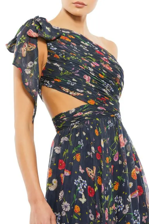 Mac Duggal One-shoulder Floral Gown - Navy Multi