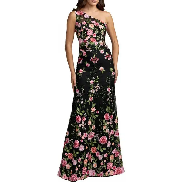 Mac Duggal One Shoulder Lace Embroidered Gown - Black Multi