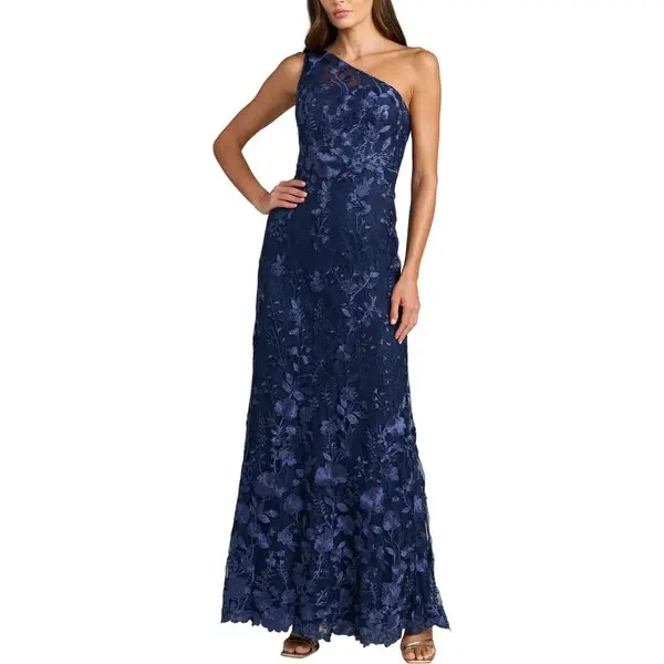 Mac Duggal Petite One Shoulder Lace Embroidered Gown - Midnight Multi