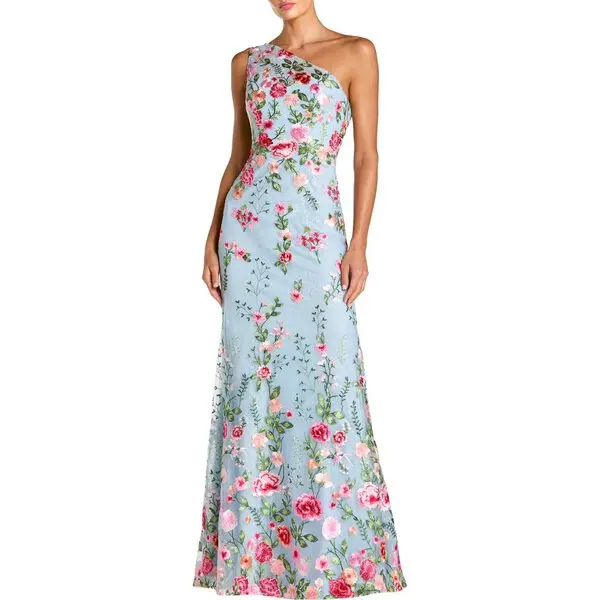 Mac Duggal Petite One Shoulder Lace Embroidered Gown - Powder Blue Multi