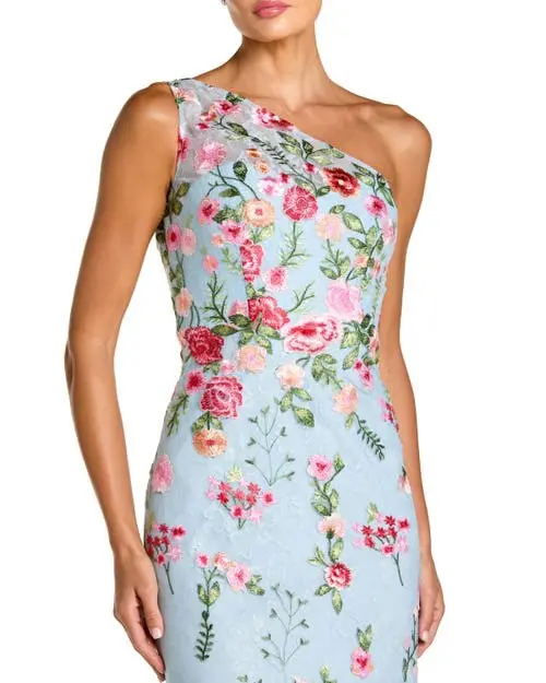 Mac Duggal Petite One Shoulder Lace Embroidered Gown - Powder Blue Multi