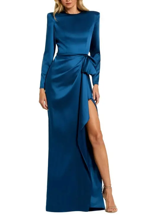 Mac Duggal Satin Bow Draped Column Gown - Ocean Blue