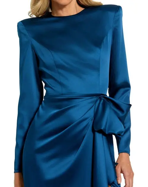 Mac Duggal Satin Bow Draped Column Gown - Ocean Blue