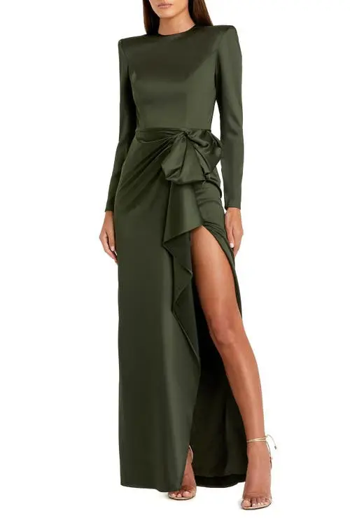 Mac Duggal Satin Bow Draped Column Gown - Olive