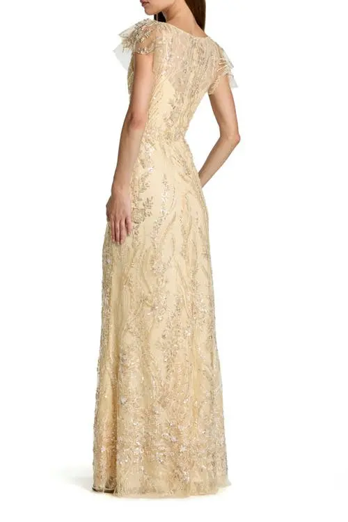 Mac Duggal Petite V-neck Flutter Sleeve Floral Embroidered Gown - Gold
