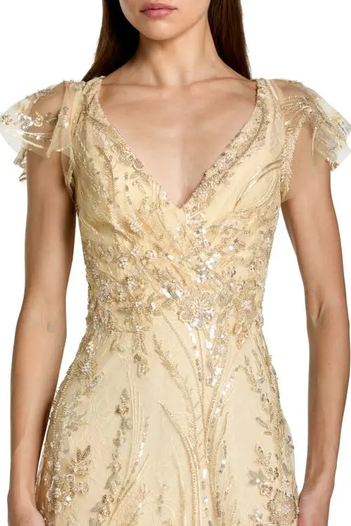 Mac Duggal Petite V-neck Flutter Sleeve Floral Embroidered Gown - Gold