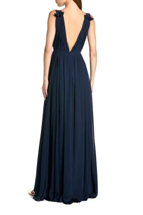 Mac Duggal Petite Sleeveless Pleated Chiffon V-neck Gown - Navy