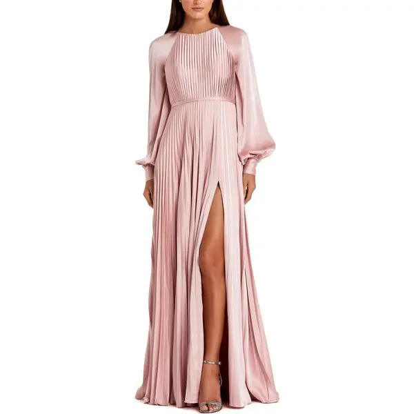 Mac Duggal Pleated High Neck Raglan Long Sleeve Side Slit Gown - Blush