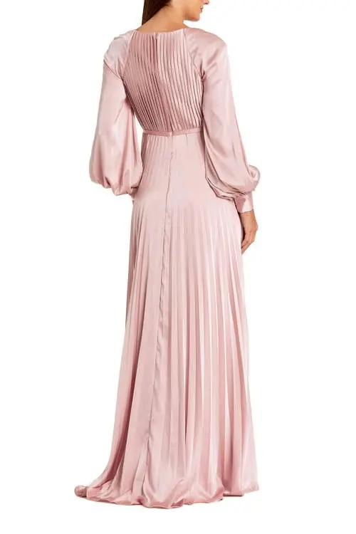 Mac Duggal Pleated Raglan Long Sleeve Gown - Blush