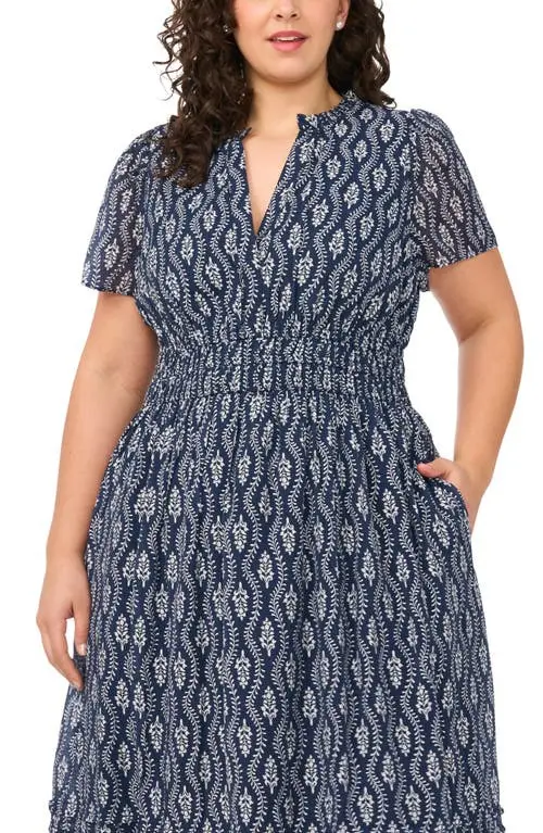 CECE DUPRAZ Printed Smocked Waist Maxi Dress - Classic Navy