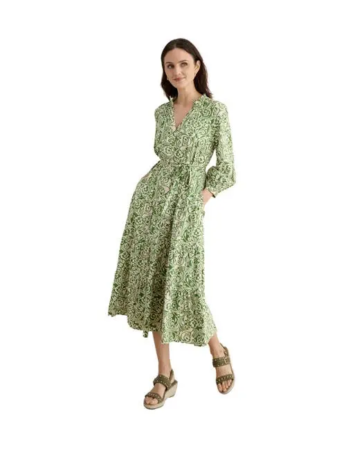 HOBBS LONDON Amaris Printed Shirred Waist Midi Dress - Green Cream
