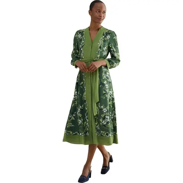 HOBBS LONDON Apolline Printed V-neck Midi Shirt Dress - Green Multi