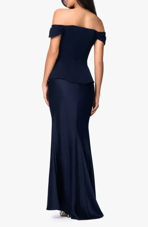 Betsy & Adam Off-the-shoulder Mixed Media Gown