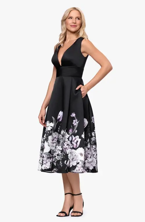 Betsy & Adam Floral Border Plunge Neck Cocktail Midi Dress - Black/Charcoal  | Editorialist