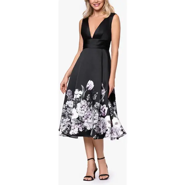 Betsy & Adam Floral Border Plunge Neck Cocktail Midi Dress